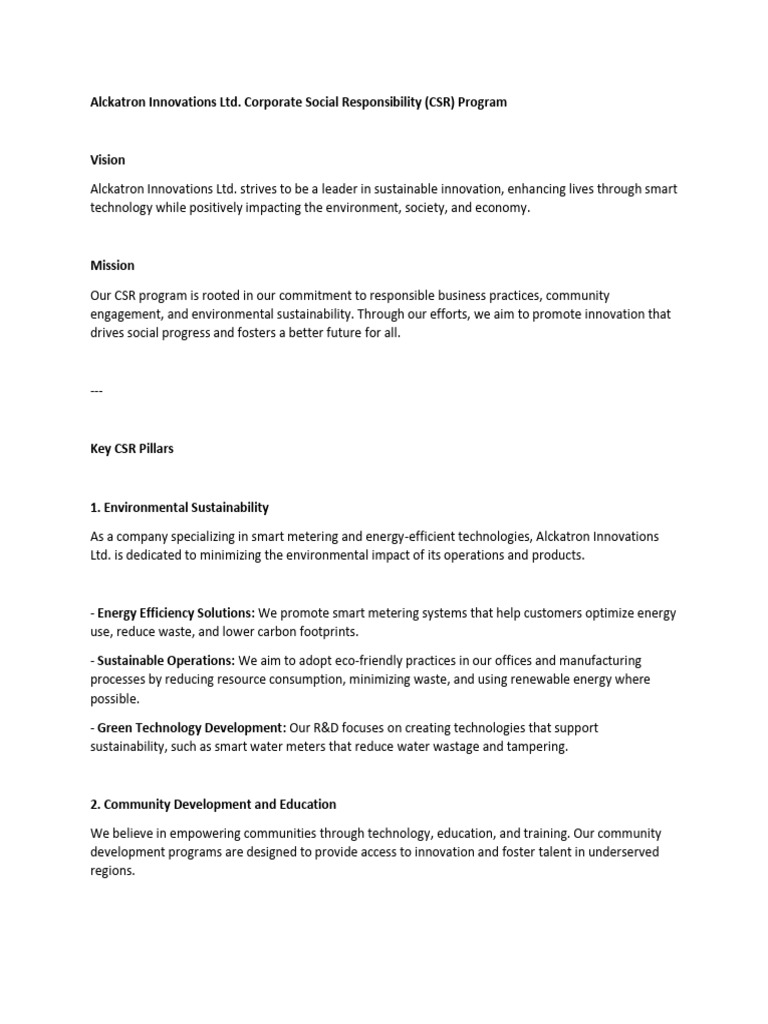 Alckatron Innovations CSR Program Overview | PDF | Corporate Social ...