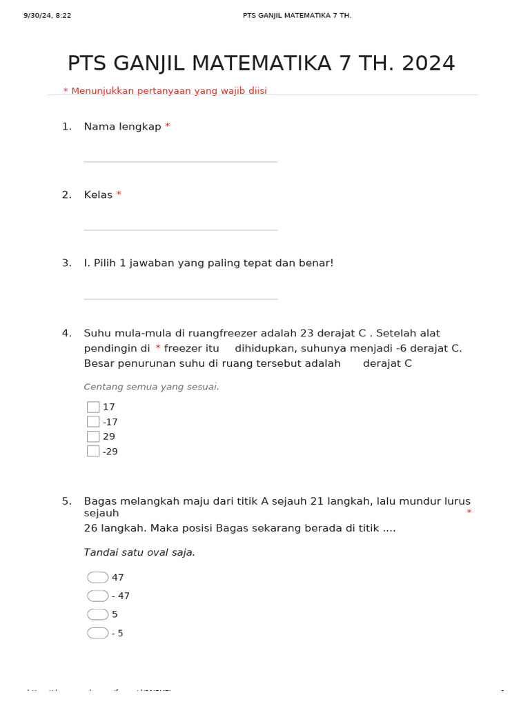 PTS GANJIL MTK 7 TH. 2024 - Google Formulir | PDF