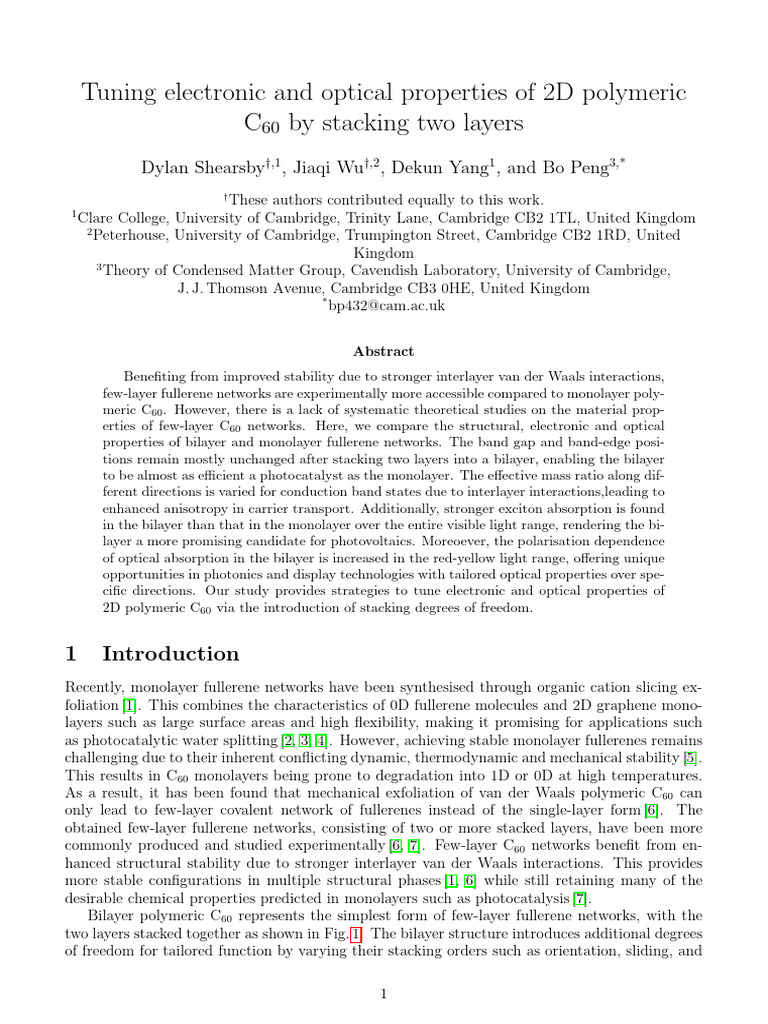Tuning Electronic and Optical Properties of 2D Polymeric C by Stacking Two Layers | PDF | Band ...