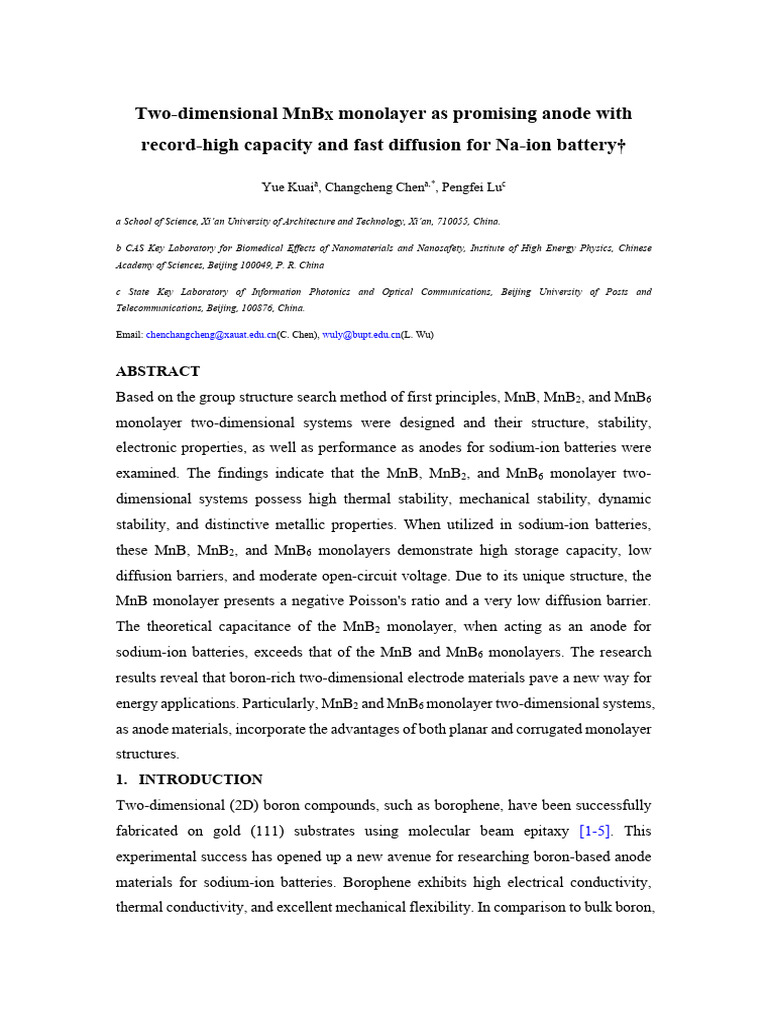 Two-Dimensional MNB Monolayer As Promising Anode With Record-High Capacity and Fast Diffusion ...