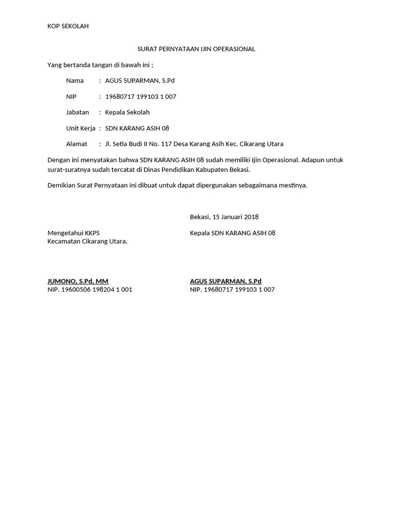 Surat Pernyataan Ijin Operasional | PDF