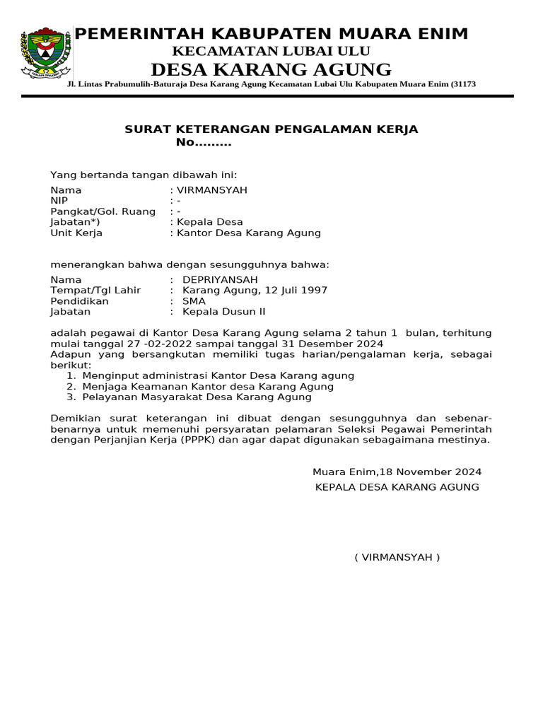 SURAT KETERANGAN PENGALAMAN Deff KERJA PPPK 2024 | PDF