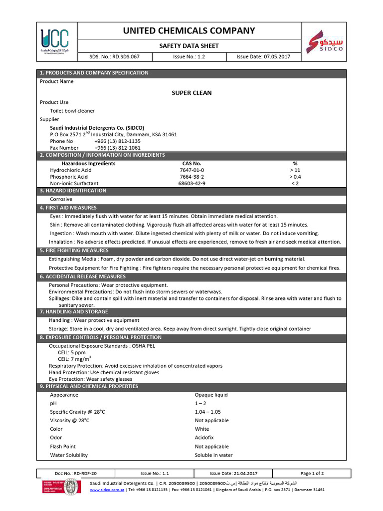 Bowl Cleaner Super Clean MSDS | PDF | Chemistry | Chemical Substances