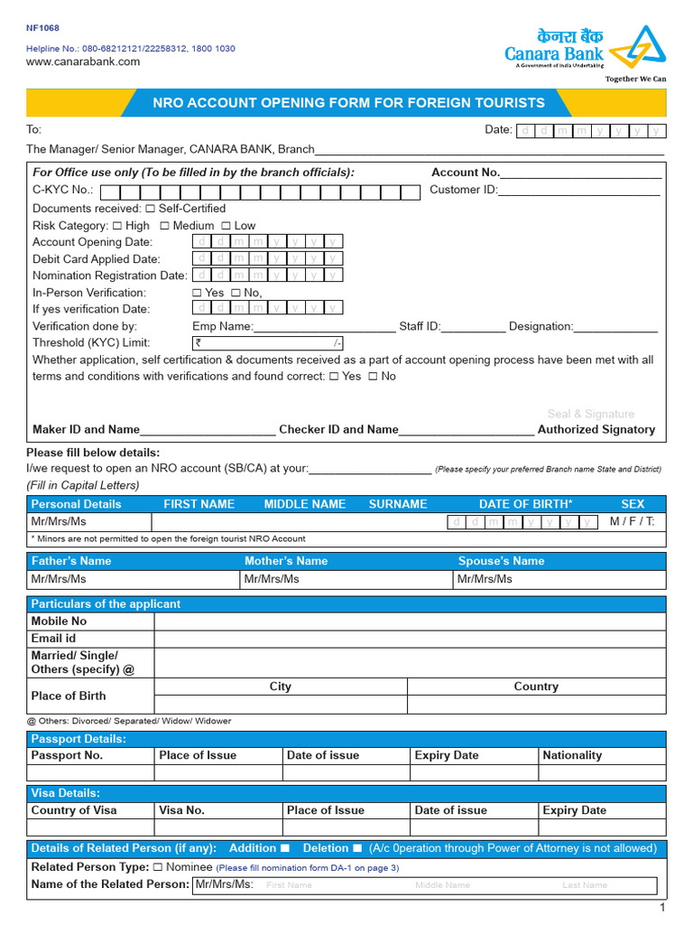 NF 1068 Account Opening Form For Foriegn Tourists | PDF | Identity ...