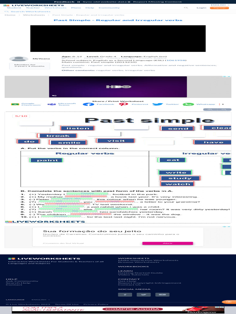 Past Simple - Regular and Irregular Verbs Activity Live Worksheets ...