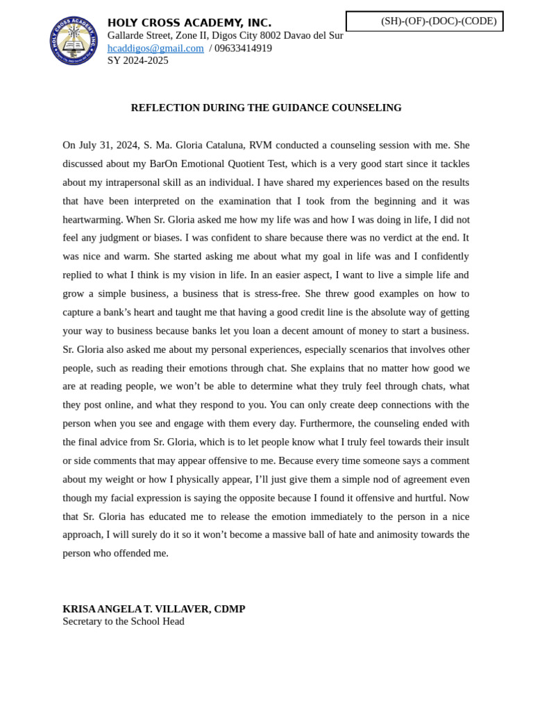 Student Counseling Reflection | PDF