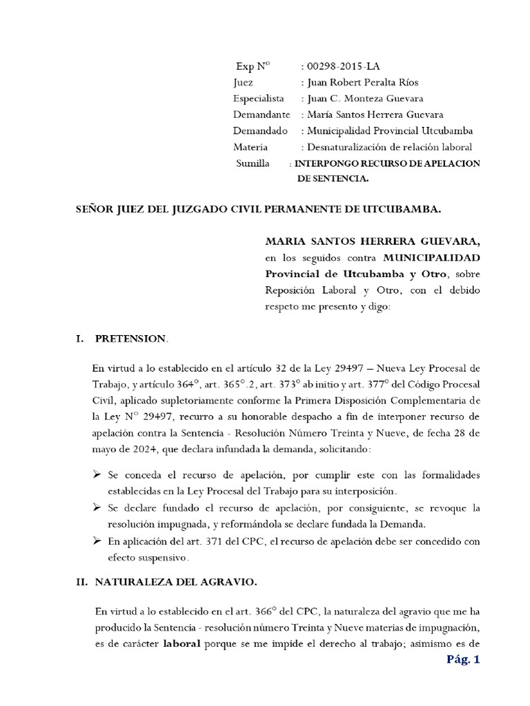 Rec. Apelacion de Maria Inga Laboral | PDF | Apelación | Derecho laboral