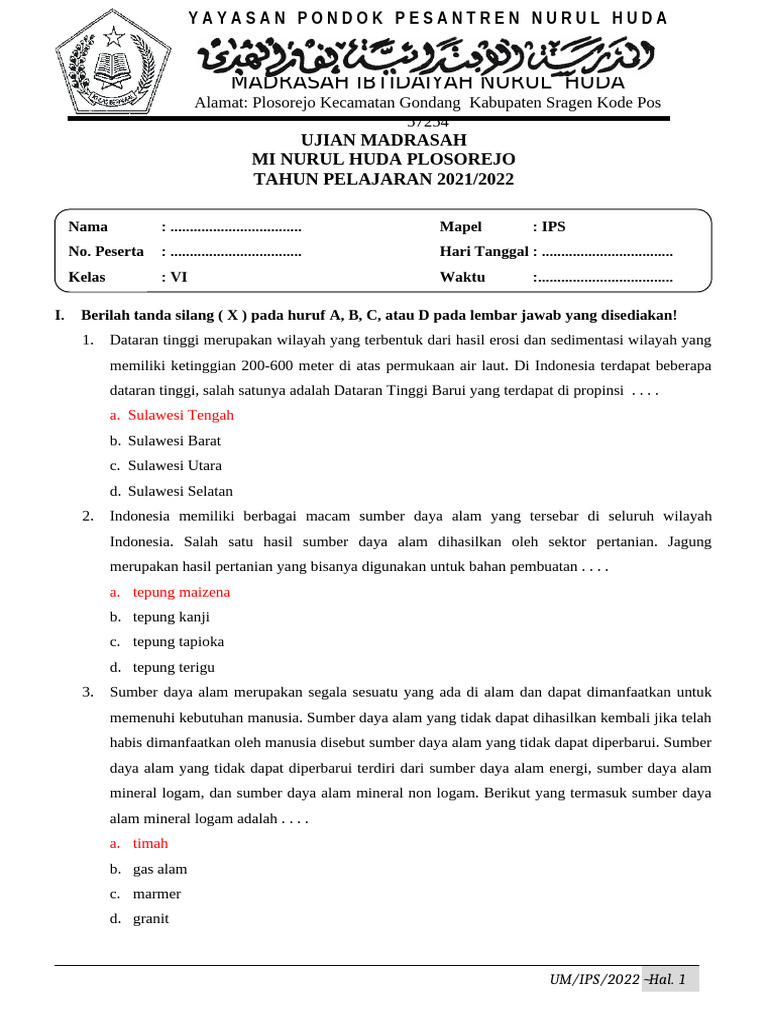 Ujian Madrasah IPS 6 2021-2022 - Itut Surya | PDF