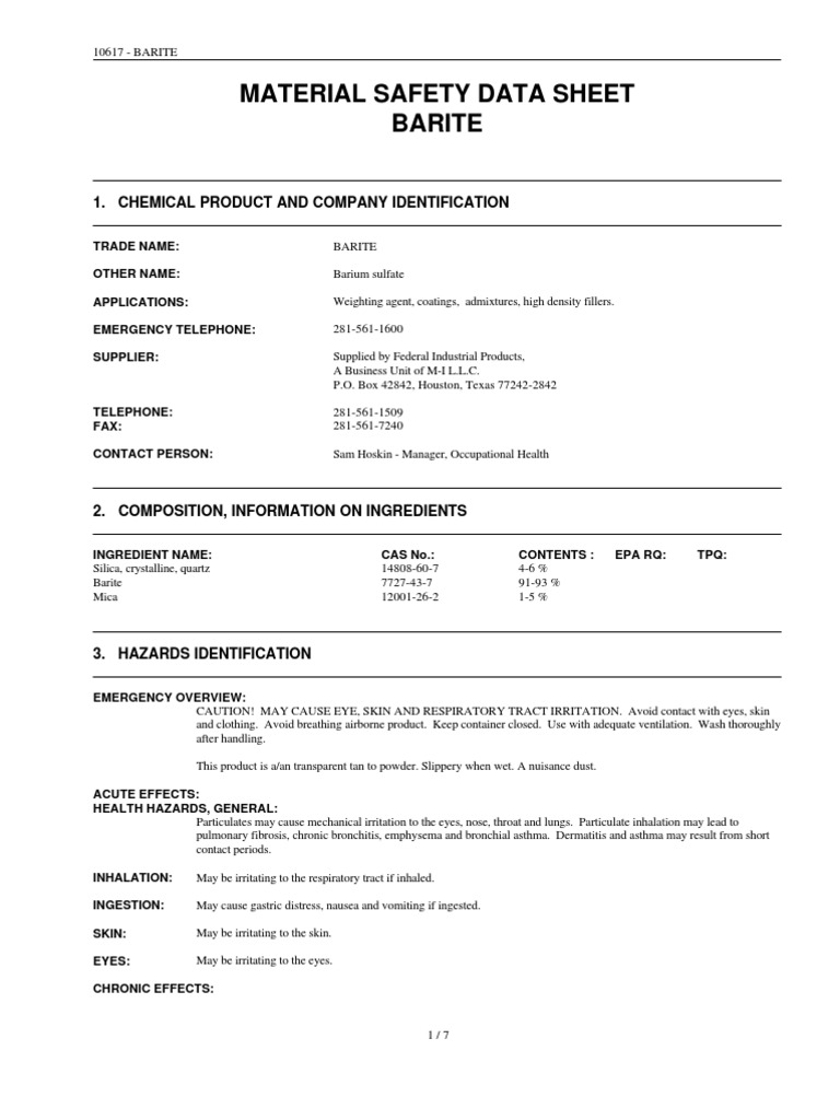 MSDS barite | Resource Conservation And Recovery Act | Hazardous Waste