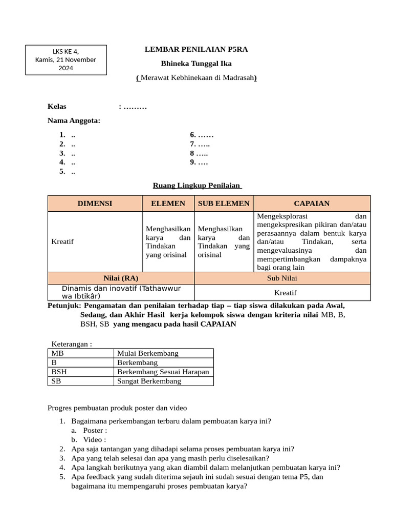 Lembar Penilaian p5 Kamis Jum'at | PDF