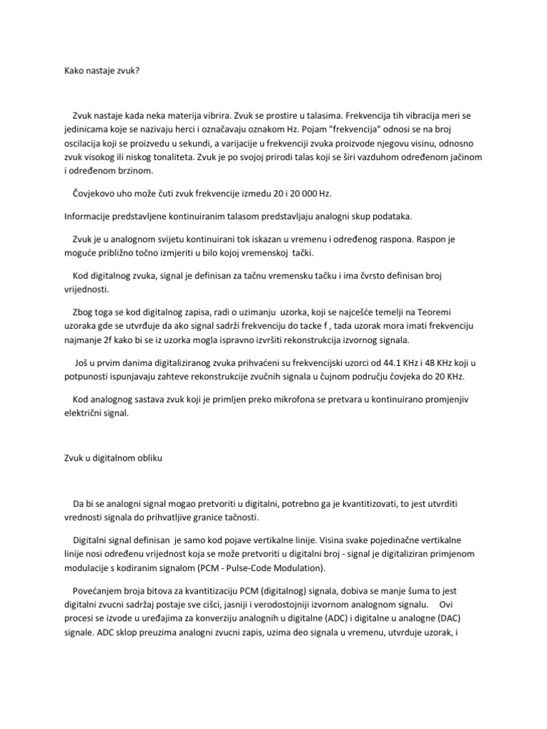 Kako Nastaje Zvuk, Digitalizacia Zvuka, Video Formati | PDF
