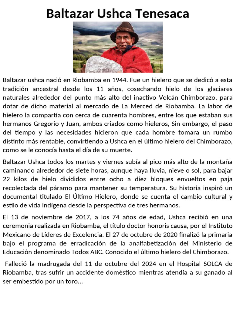 Baltazar Ushca: El Último Hielero | PDF