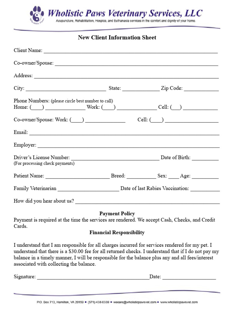 New Client Information Sheet for Pets | PDF | Finance & Money Management