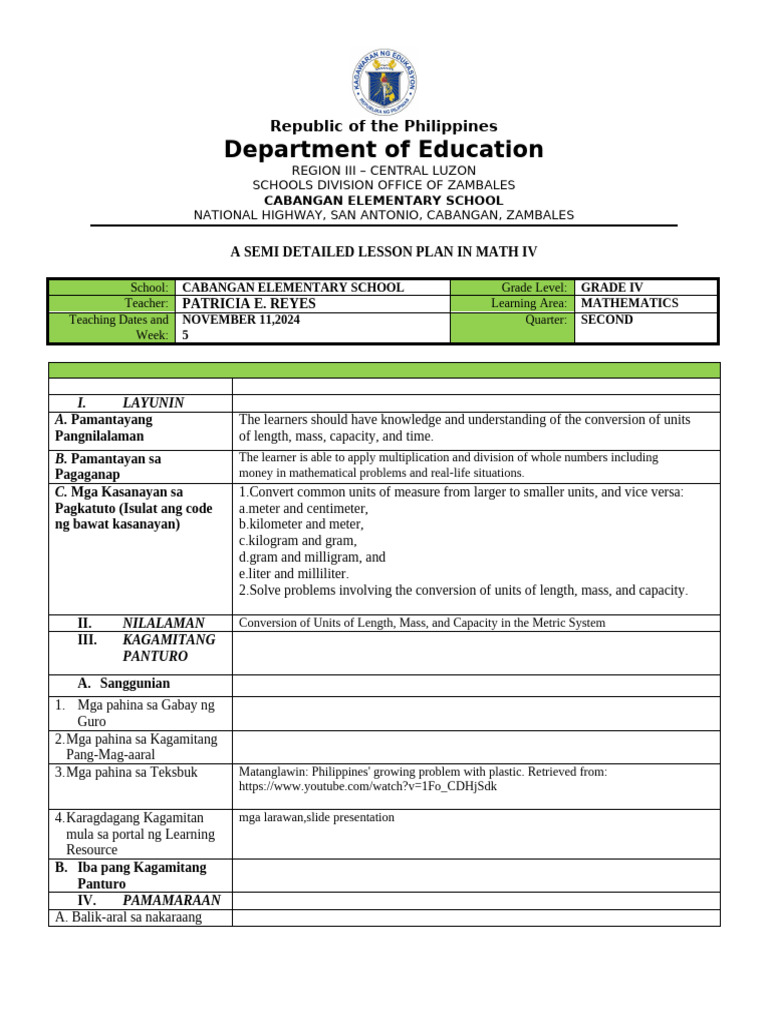 Semi-Detailed Math Lesson Plan for Grade IV | PDF | Metre | Kilometre