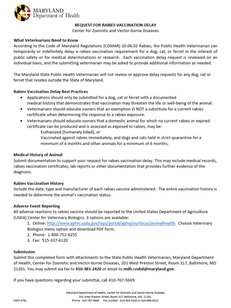 Rabies Vaccination Delay Request Form | PDF | Rabies | Vaccination