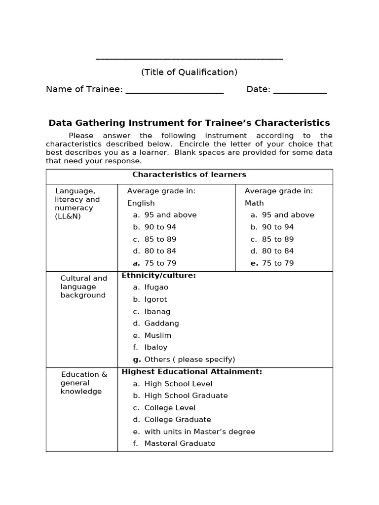 Trainee Characteristics Data Gathering Tool | PDF | Learning ...