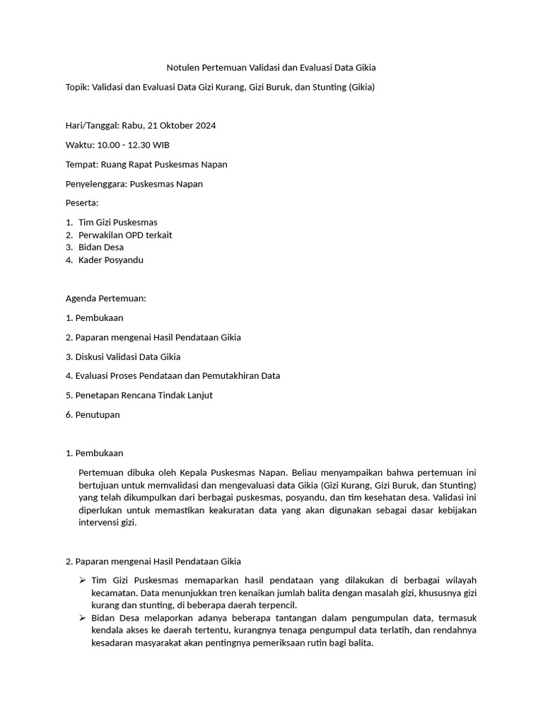 Notulen Pertemuan Validasi Dan Evaluasi Data Gikia | PDF