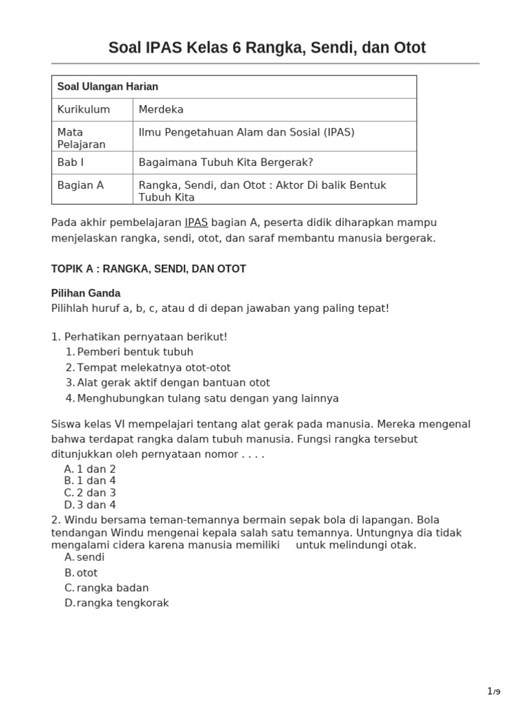 Soal IPAS Kelas 6 Rangka Sendi Dan Otot | PDF