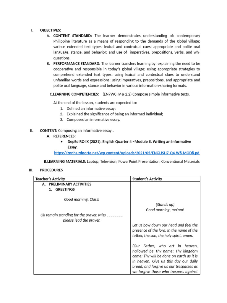 Informative Essay Lesson Plan | PDF | Essays | Cognition