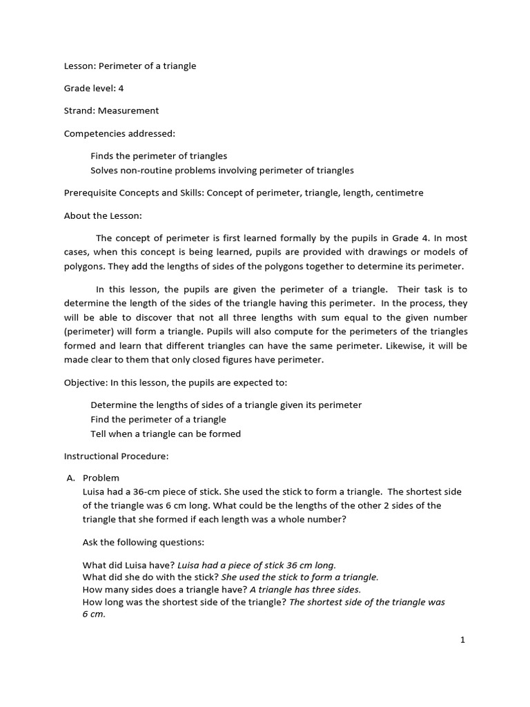 Sample Lesson Plan - Perimeter of A Triangle - Prof Emmeline Coles ...