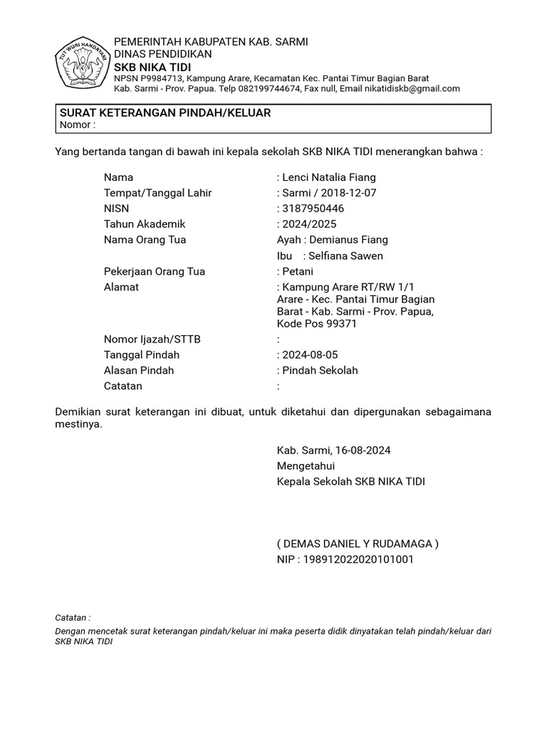 Surat Pindah Lenci Selfiana Fiang | PDF