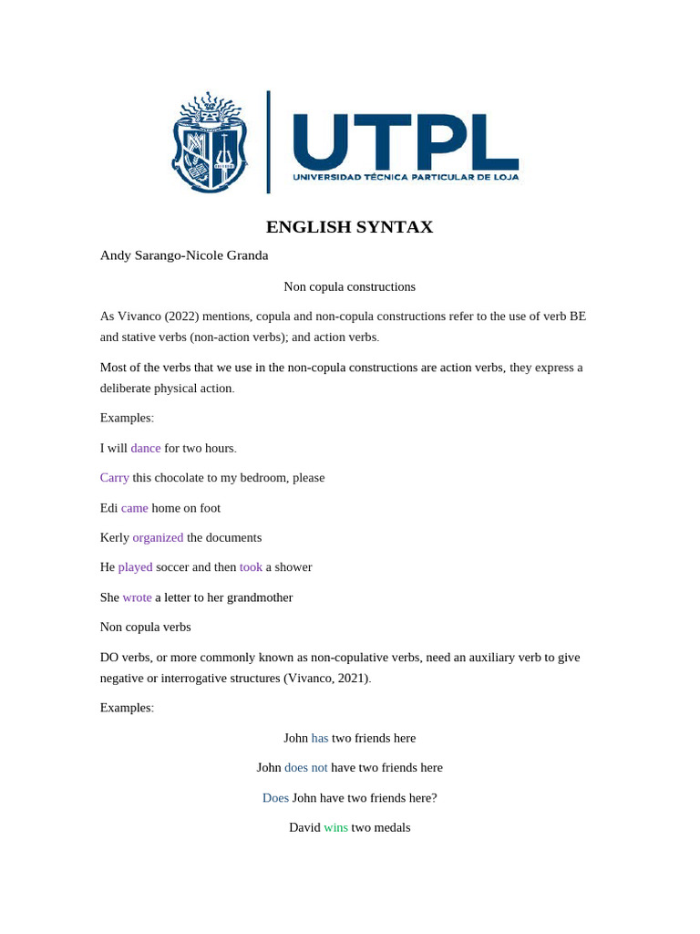 ENGLISH SYNTAX Non Copula Constructions | PDF