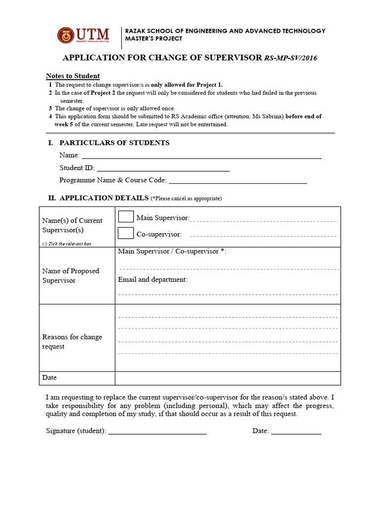 Supervisor Change Application Form | PDF | Postgraduate Education