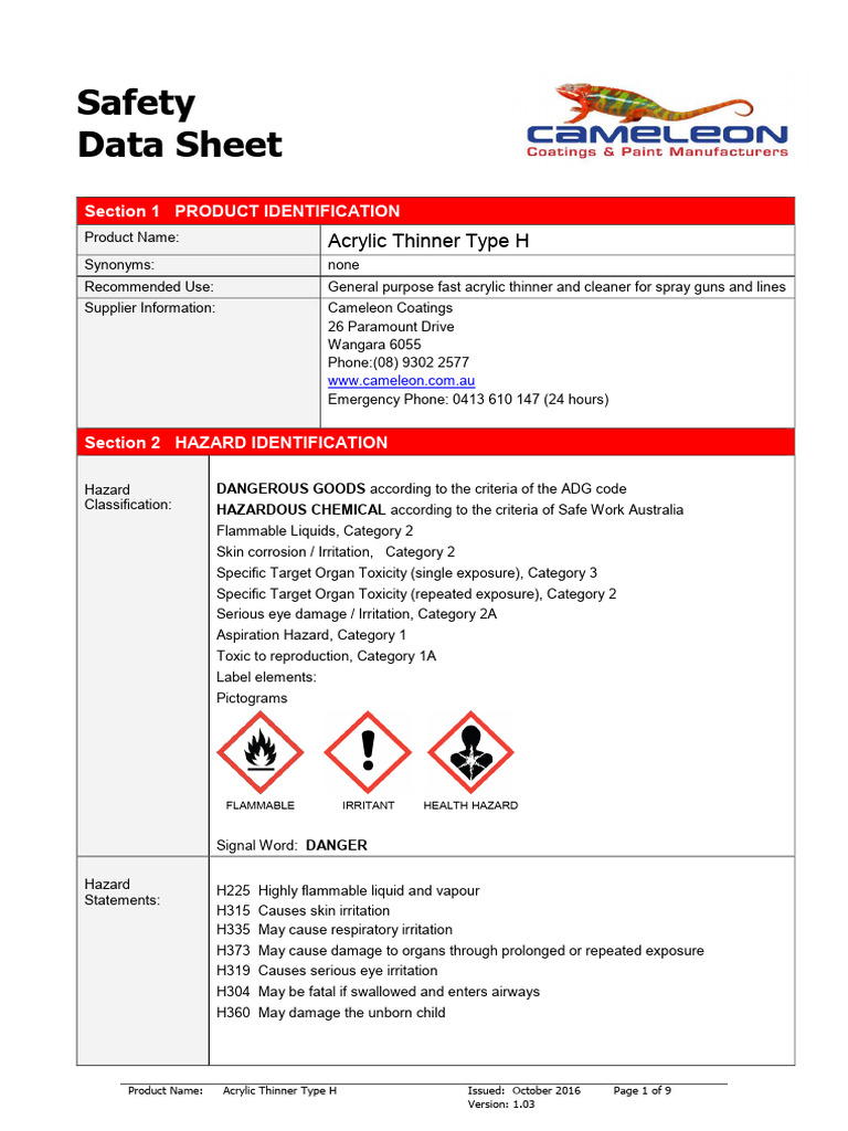 SDS - Thinner - Acrylic Thinner Type H (GHS) | PDF | Toxicity | Dangerous Goods