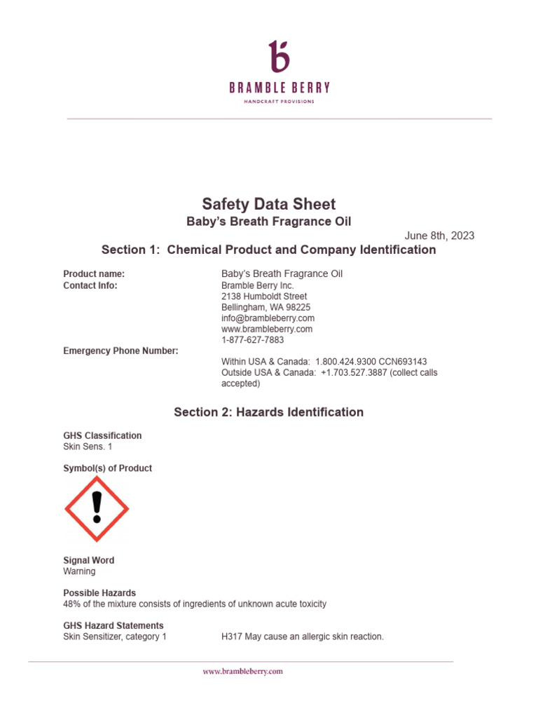 Brambleberry Baby's Breath Fragrance Oil MSDS | PDF | Firefighting ...