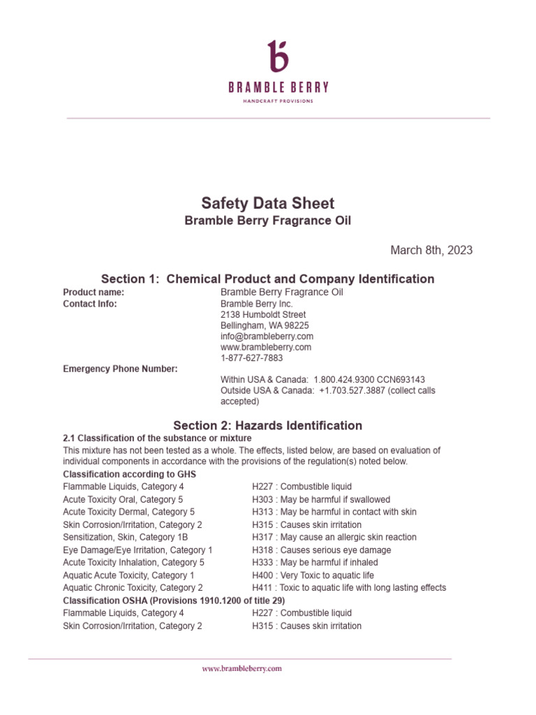 Brambleberry Brambleberry Fragrance Oil MSDS | PDF | Toxicity ...