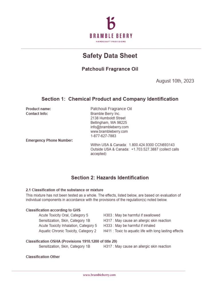 Brambleberry Patchouli Fragrance Oil MSDS | PDF | Toxicity | Dangerous ...