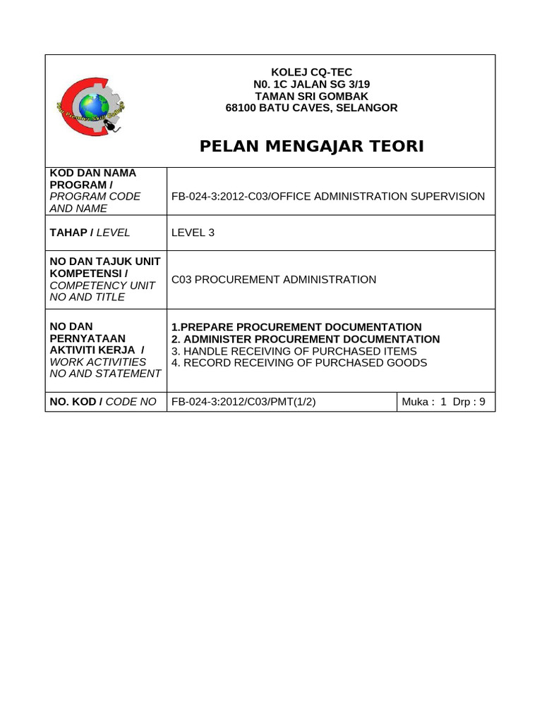 Pelan Mengajar Teori C03 1 | PDF | Request For Proposal | Supply Chain Management