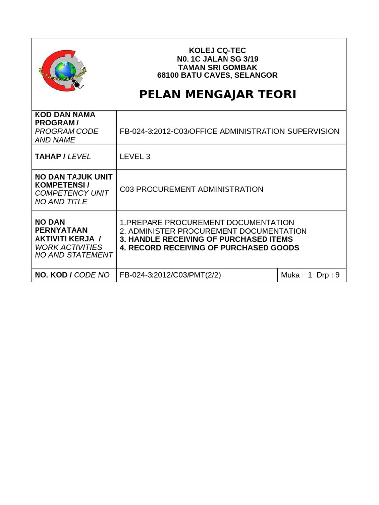 Pelan Mengajar Teori C03 2 | PDF | Prices | Supply Chain Management