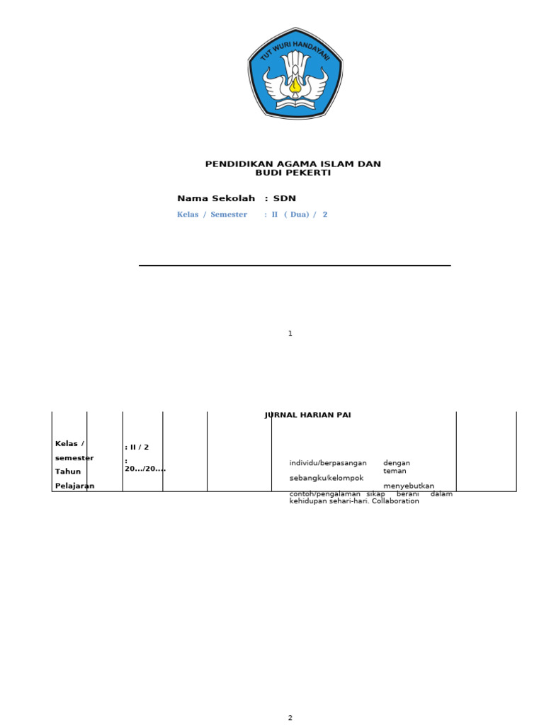 Jurnal Harian PAI SD KELAS 1 SEMSTER 2 | PDF