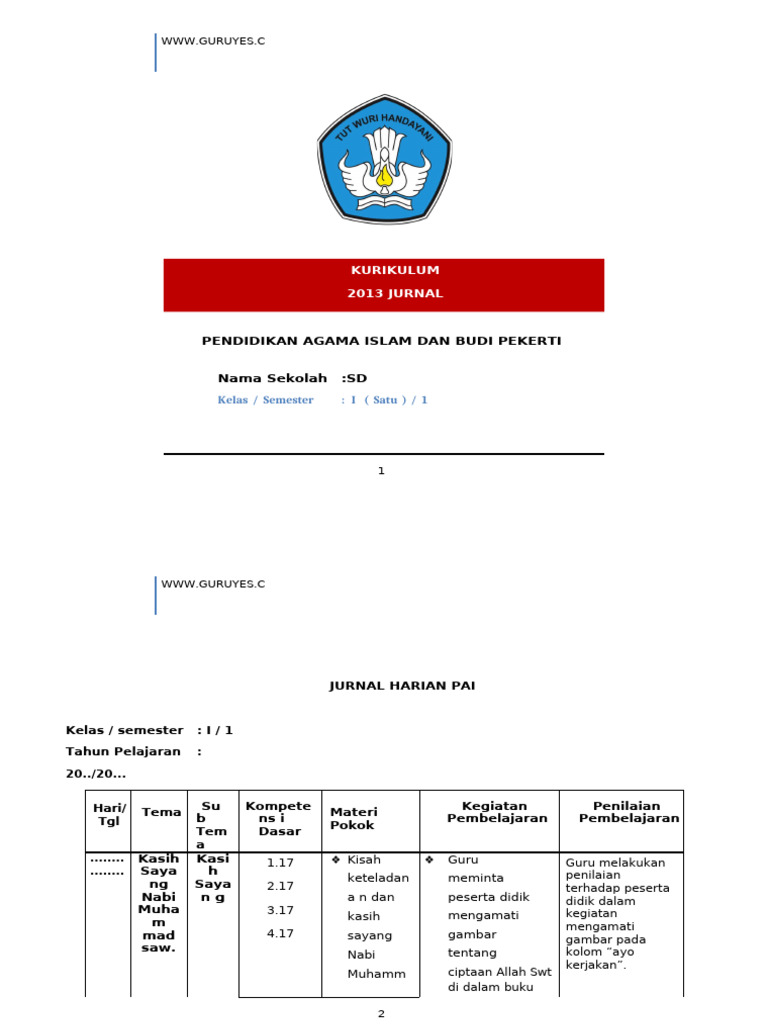 Jurnal Harian PAI Kelas 1 SD | PDF
