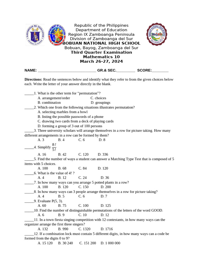 Quarter 3 TQ G10 | PDF | Probability