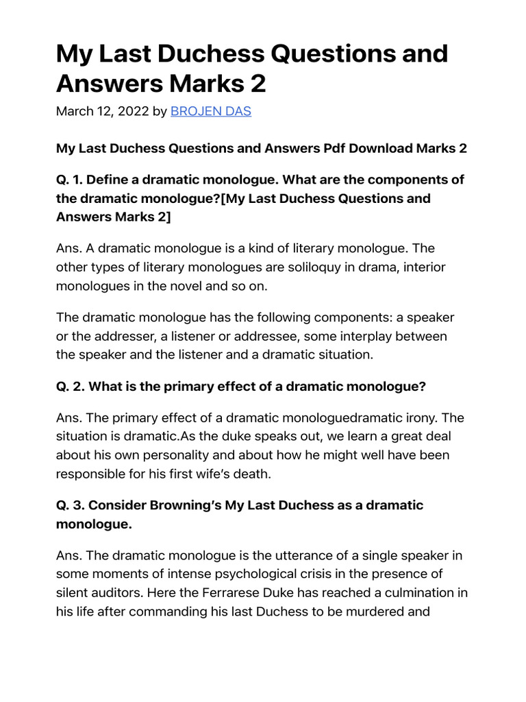 My Last Duchess Questions and Answers Marks 2 - Browning | PDF | Poetry