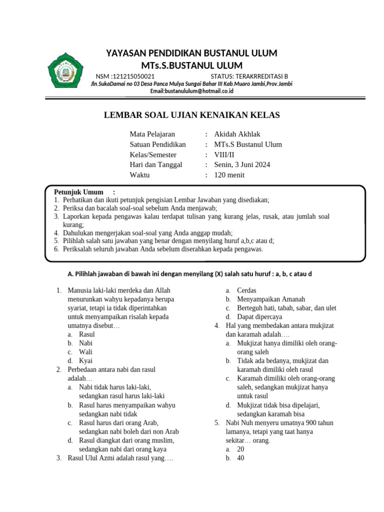 Soal Kelas VIII - Akidah Akhlak | PDF
