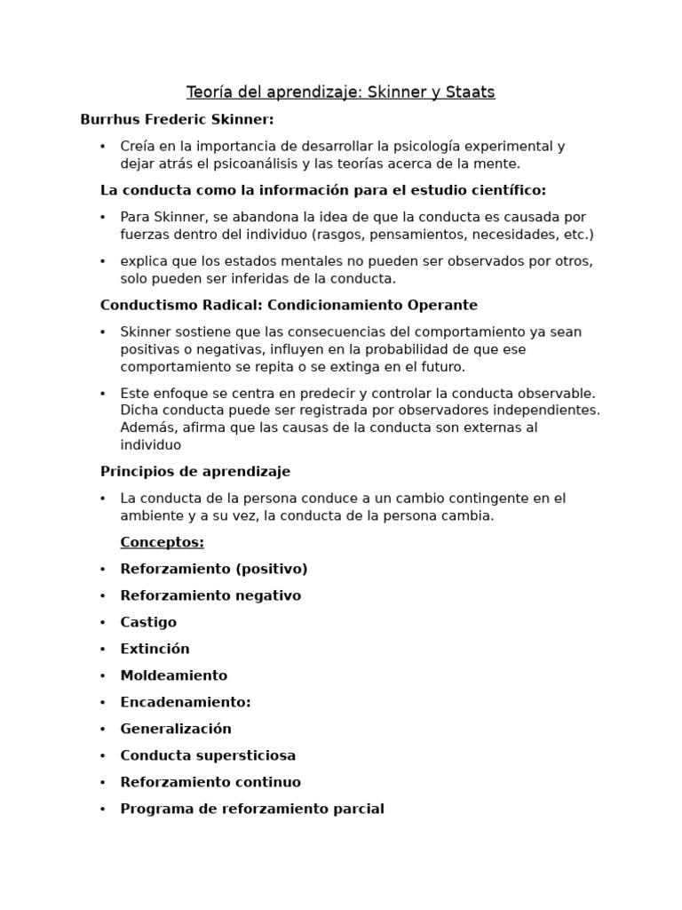Teoria Del Aprendizaje de SKINNER Y STATTS | PDF | Behaviorismo ...