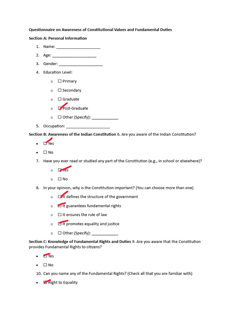 Questionnaire On Awareness of Constitutional Values and Fundamental ...