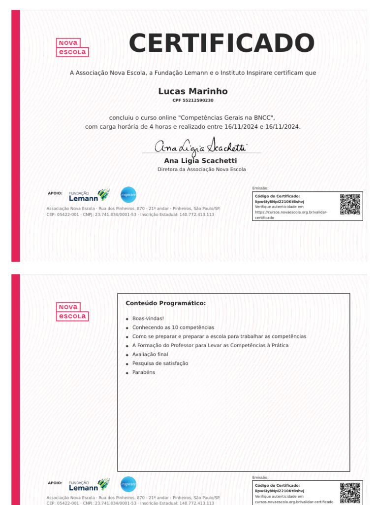Certificado Curso BNCC 2024 Concluído | PDF