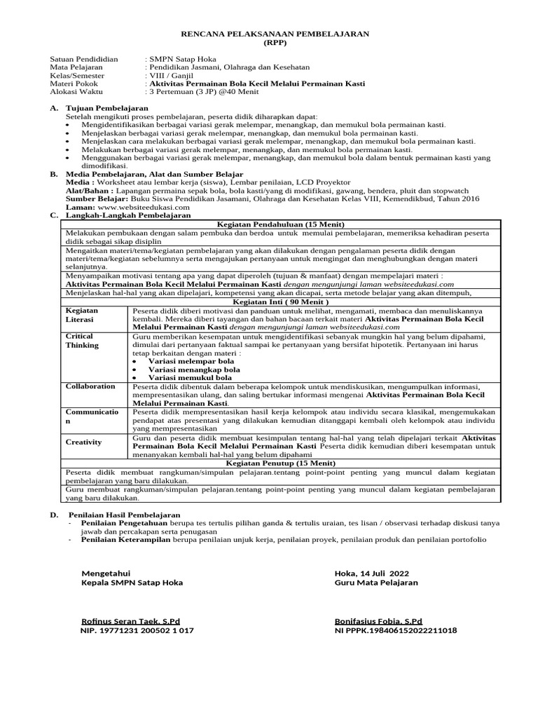 RPP 1 Lembar Pjok Kelas 8 k13 | PDF