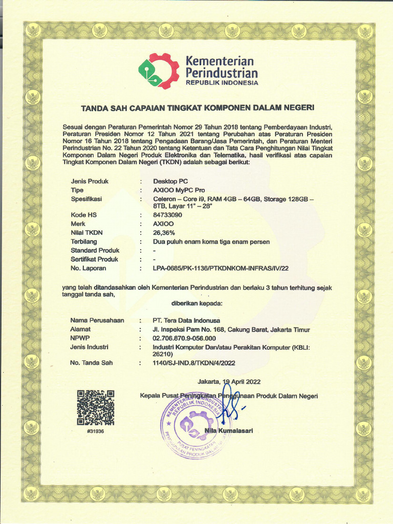 Sertifikat TKDN Axioo | PDF