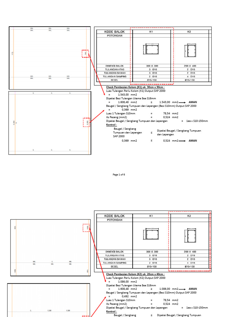 Pembesian Utama Dan Pembesian Sengkang Kolom K1, Kolom K2, Balok B1 Dan Balok B2 RUKO 2 Lantai ...