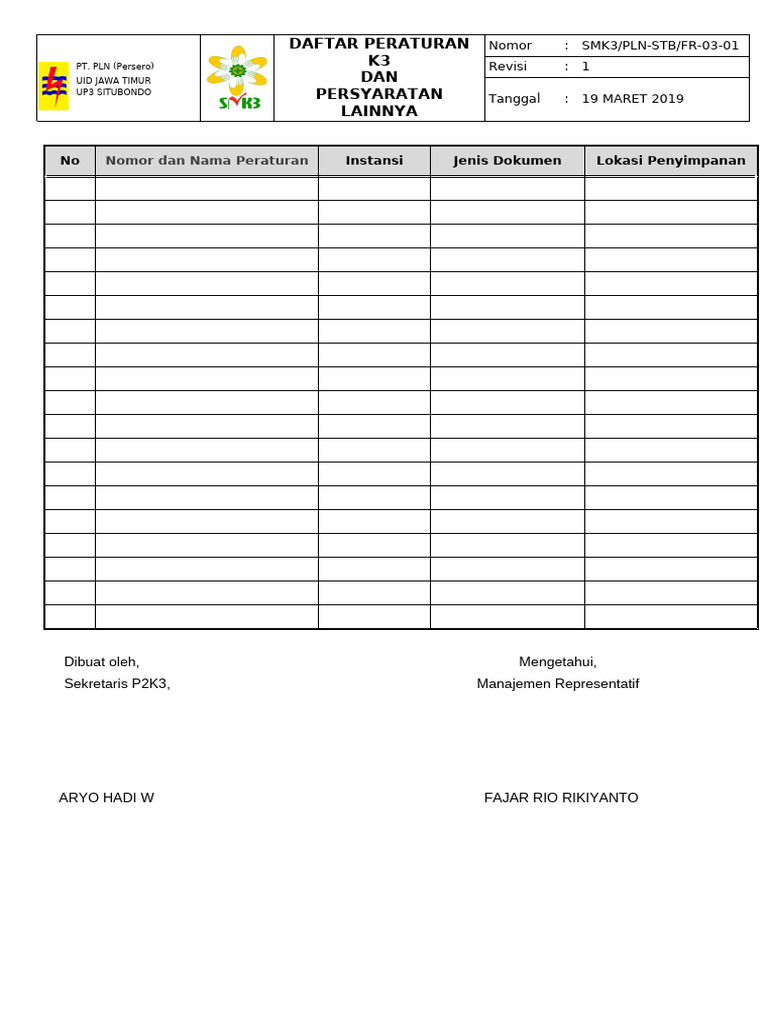 Form 03 - 1 Daftar Peraturan K3 & Persyaratan Lainnya | PDF