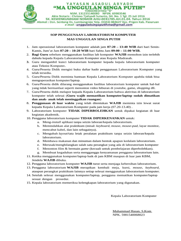 SOP Penggunaan Laboratorium Komputer | PDF | Griya & Taman | Komputer
