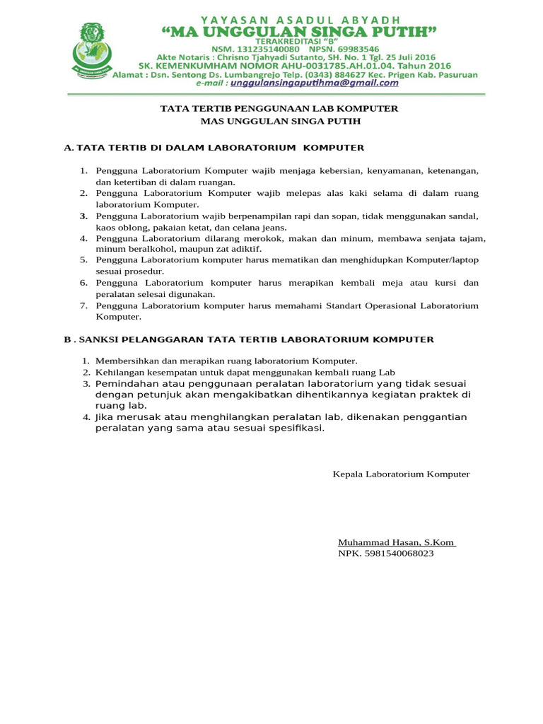 TATIB Penggunaan Laboratorium Komputer | PDF