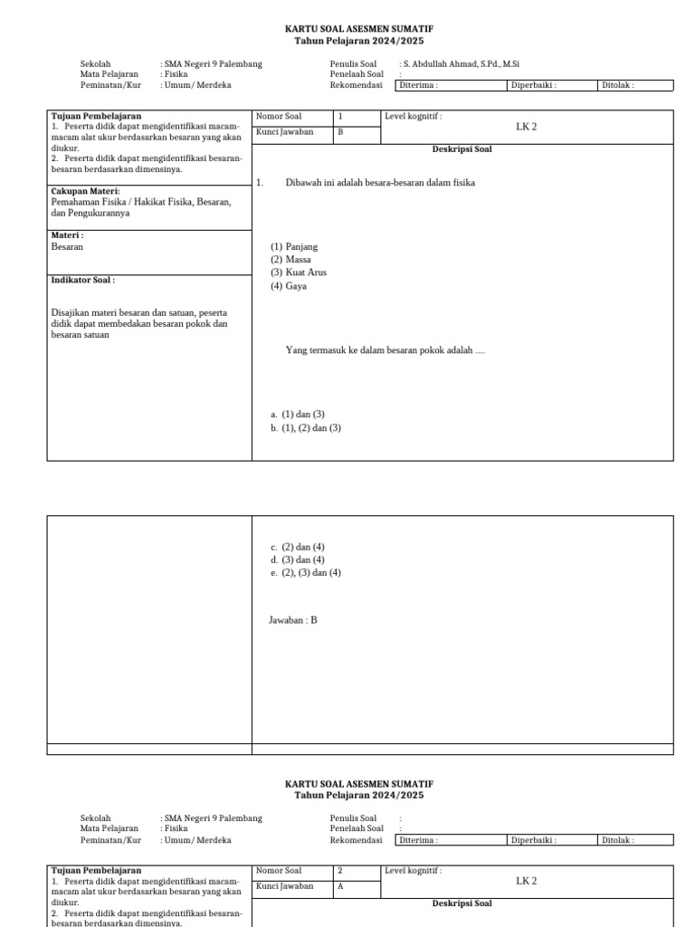 Format Kartu Soal Asesmen Sumatif Akhir Semester Ganjil 2024 Kelas X | PDF