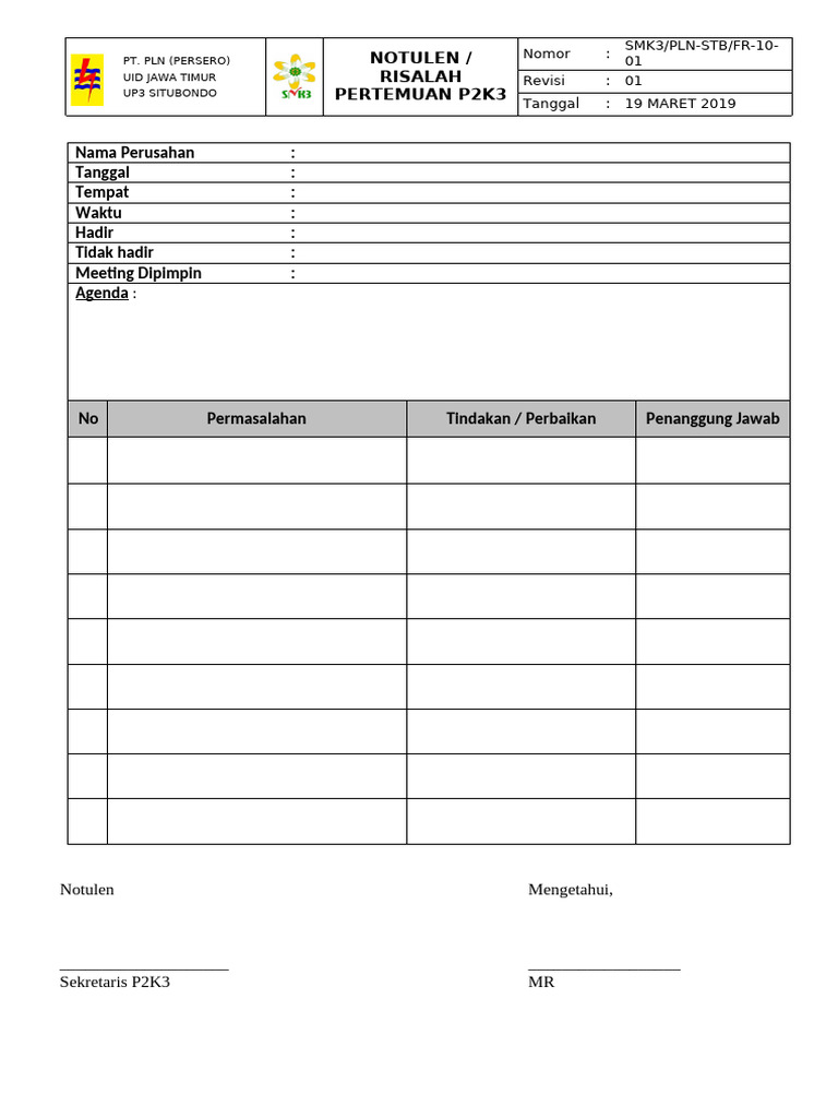 Form 10 - 1 Notulen Meeting P2K3 STB | PDF