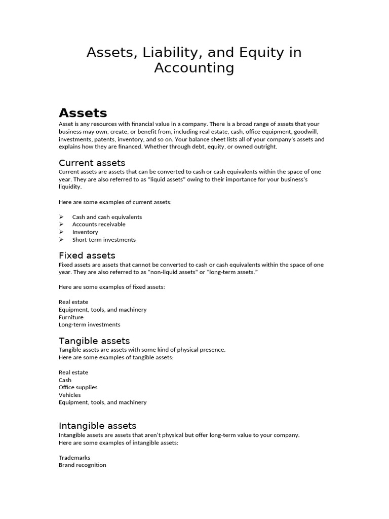 Assets, Liability, and Equity in Accounting | PDF | Equity (Finance ...